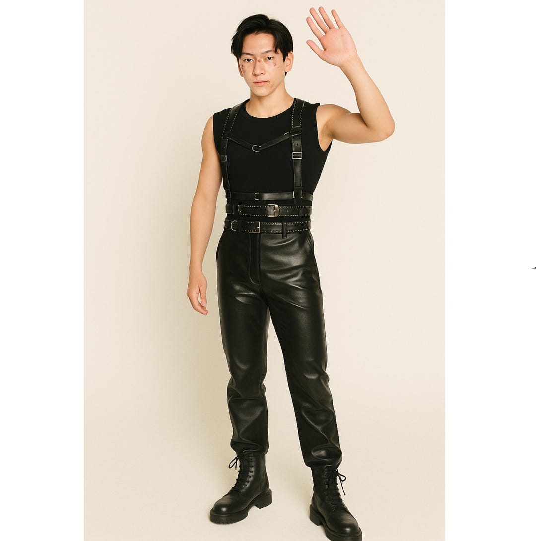 Men's Black Leather Harness & Glossy Pants Set – Tactical Multi-buckle ...
