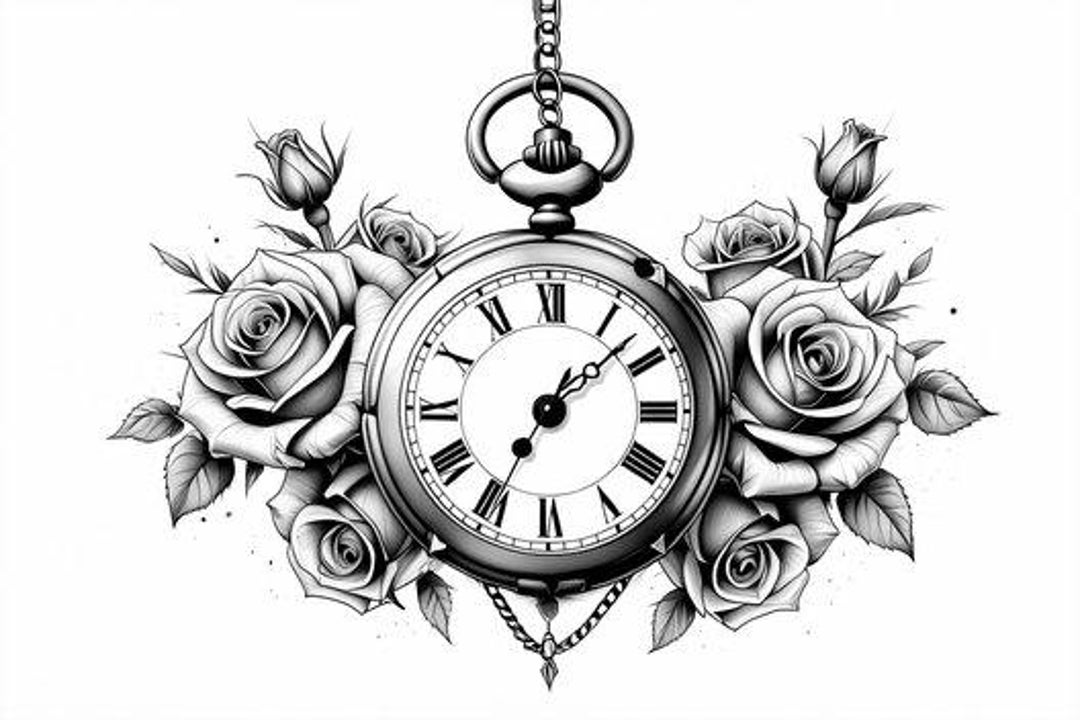 Vintage Pocket Watch Roses Tattoo Design - Classic Timepiece Art ...