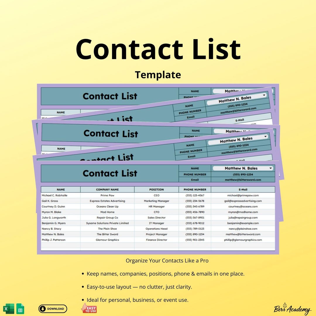 Contact List Template, Google Sheets Address Book, Client Contact ...