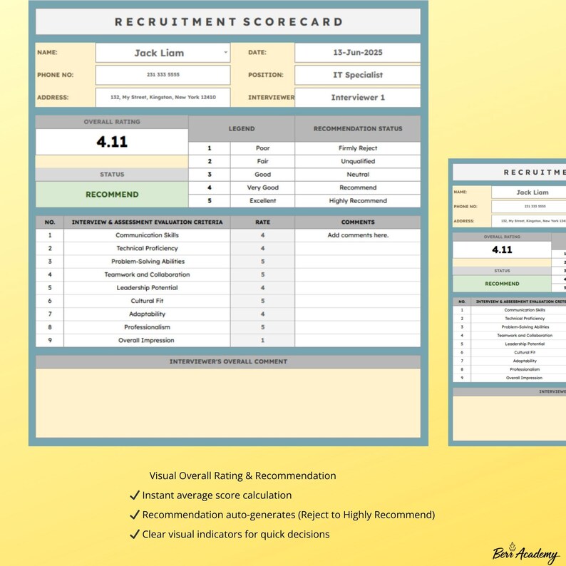 Recruitment Scorecard Template, Google Sheets HR Tool, Candidate ...