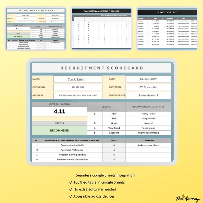 Recruitment Scorecard Template, Google Sheets HR Tool, Candidate ...
