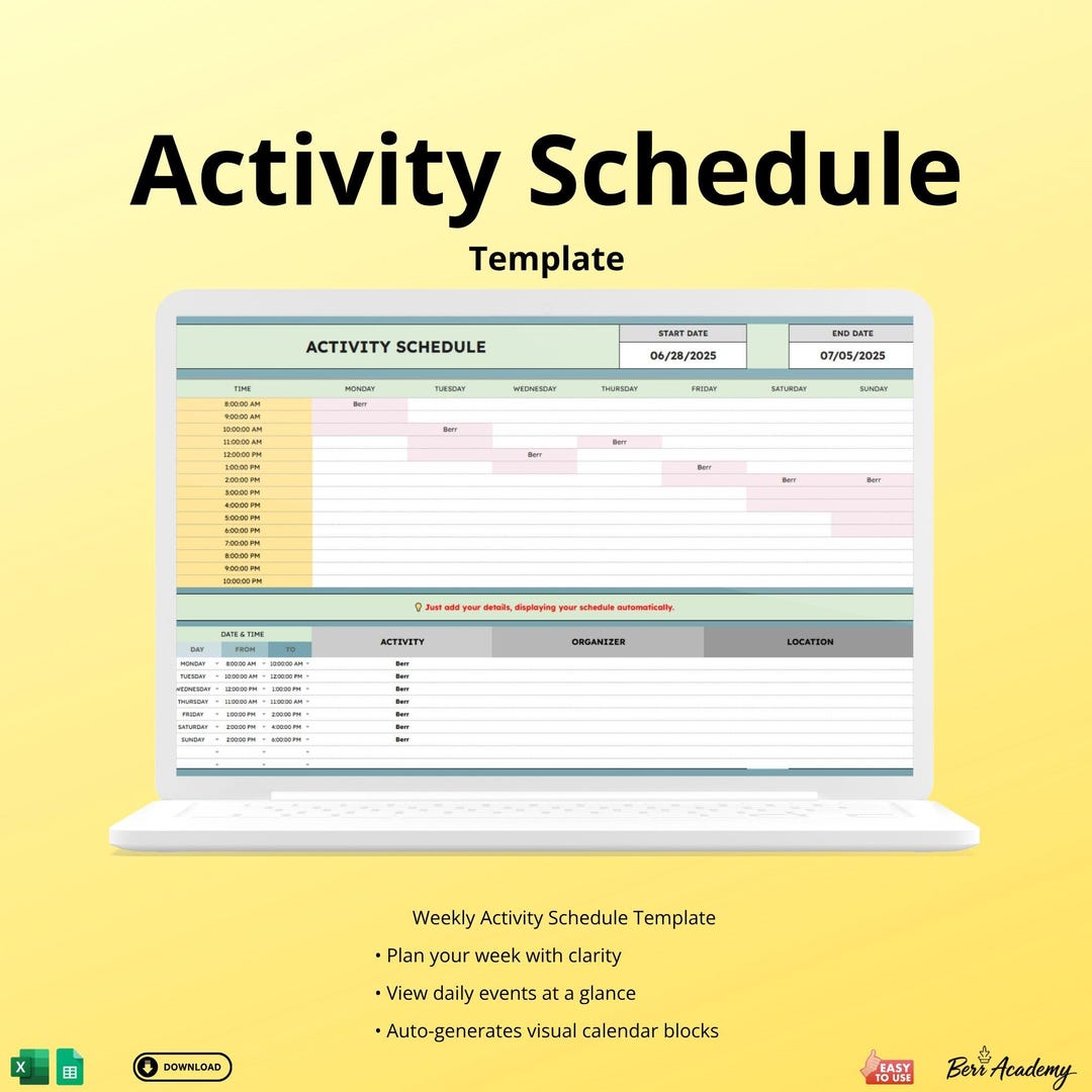 Activity Schedule Template, Google Sheets Planner, Daily & Weekly ...