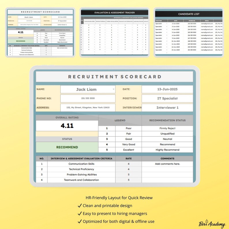 Recruitment Scorecard Template, Google Sheets HR Tool, Candidate ...