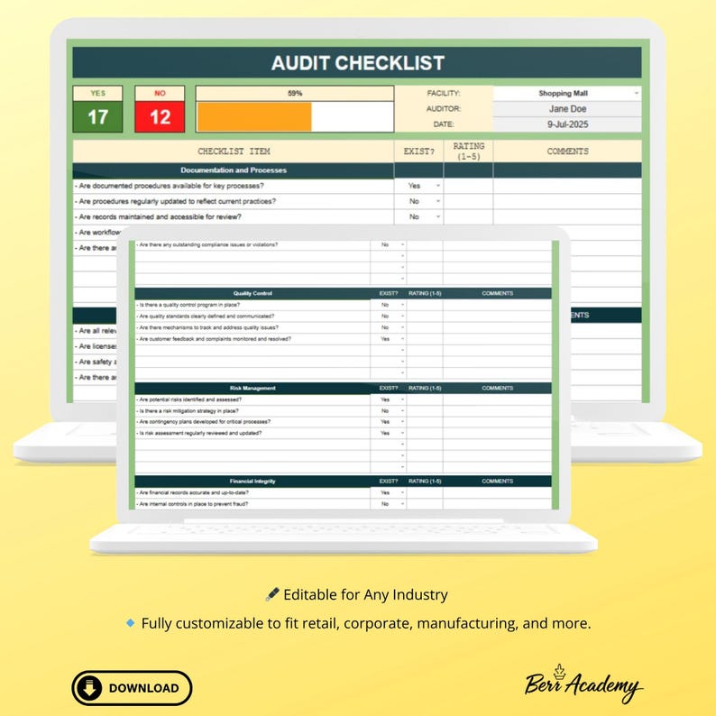 Audit Checklist Template: Google Sheets Internal Audit Tracker - Etsy