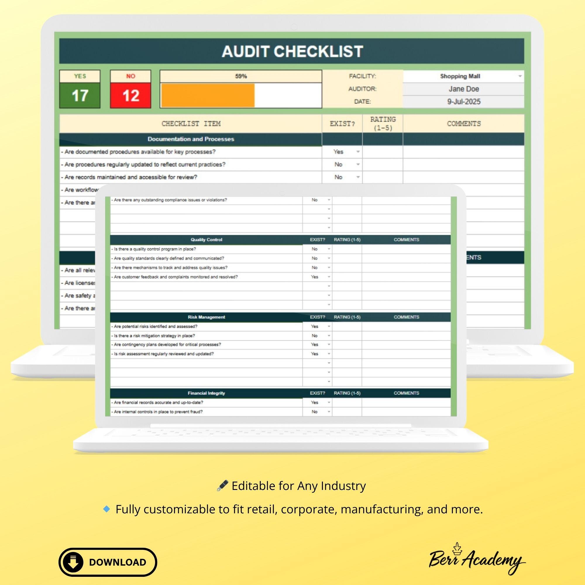 Audit Checklist Template Google Sheets Internal Audit Tracker Etsy