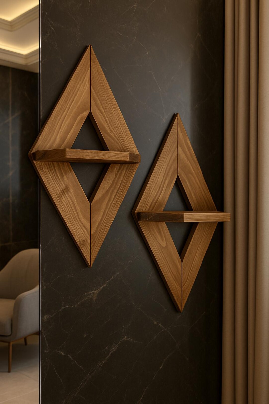 Diamond-shaped Wooden Wall Shelf – Modern Home Decor – Floating Design ...