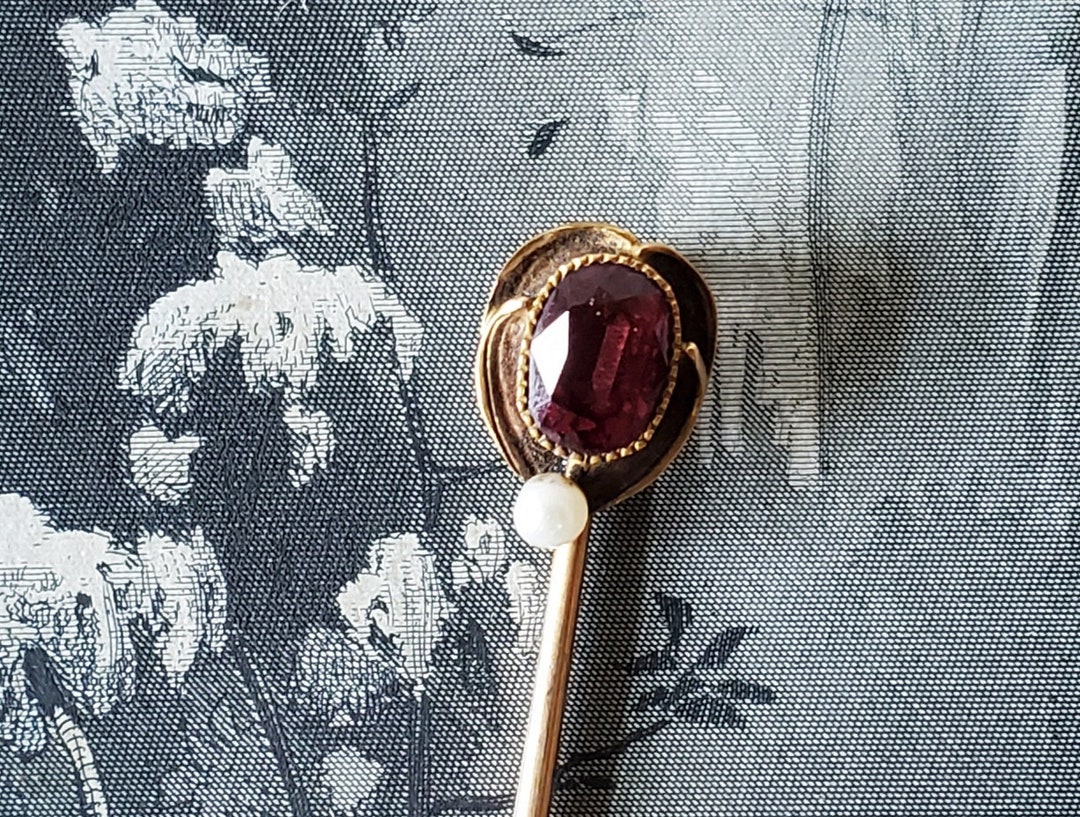 Antique Edwardian 14K Gold and Garnet Hat Pin, 14K Gold Seed Pearl ...