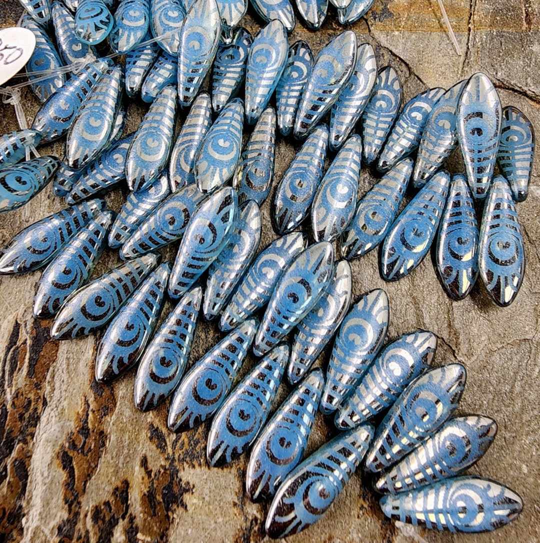 Peacock Feather, Etched, Opal Sky Blue, Silver, Daggers, 5x15mm, Czech ...