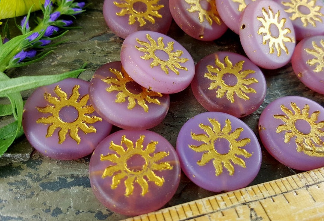 Sun Coin, 22mm, ETCHED, Czech Glass, MATTE, Rosewood, Opal Pink, Gold ...