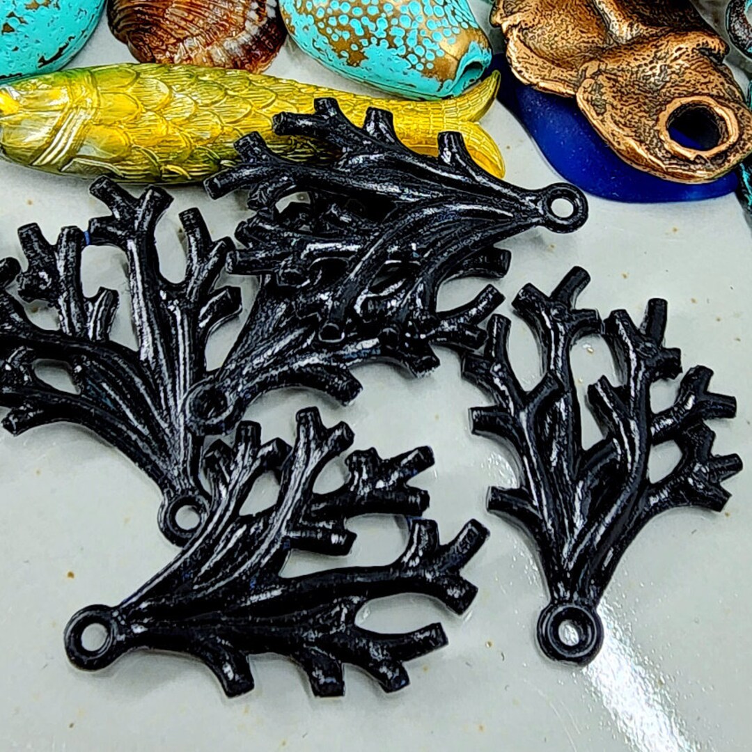 Jet Black, Opaque, Branch Coral, Component, Resin, 31mm, Charms, German ...