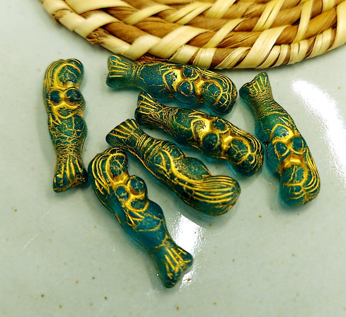 Aqua Blue Metallic Gold Wash Mermaid ETCHED 5x25mm Czech - Etsy