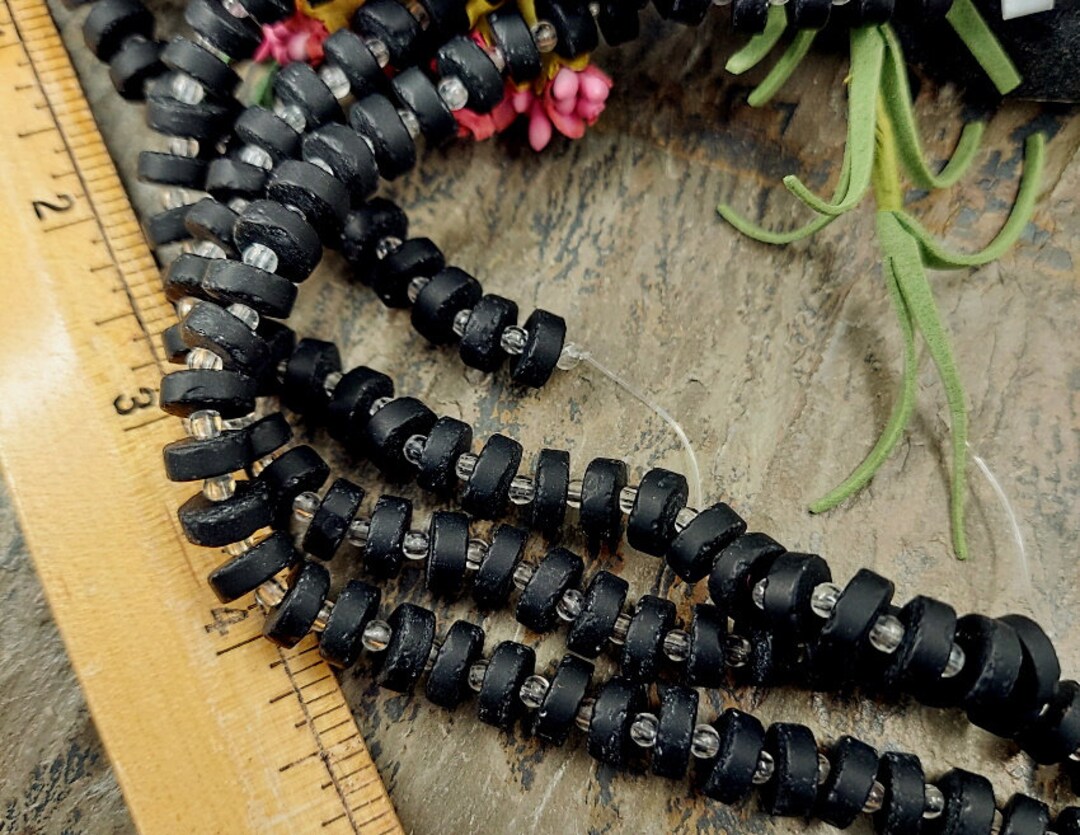 JET BLACK, Opaque, Button, Flat, Heishi, Sea Glass, 9x3mm, 8 Inch ...