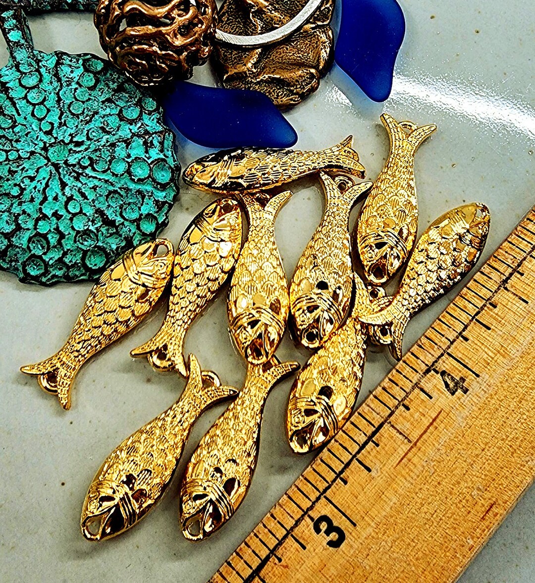 Gold, Metallic, Fish, Resin Component, 27mm, Double Loop, Two Hole ...