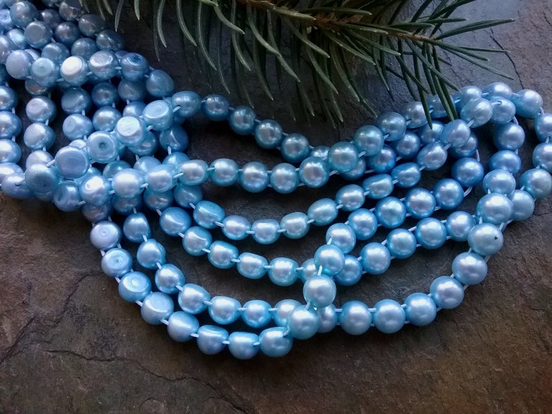 Freshwater Pearls, Two Hole, 7x5mm, Button Shape, Light Blue, 8 Inch ...