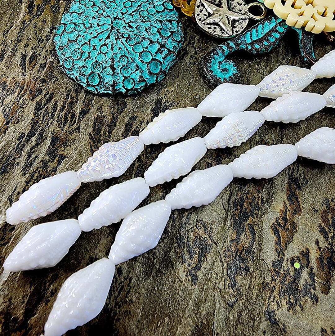 Chalk White AB, Miter Shells, Glass, 16x9mm, Czech Glass, 8 Pieces per ...