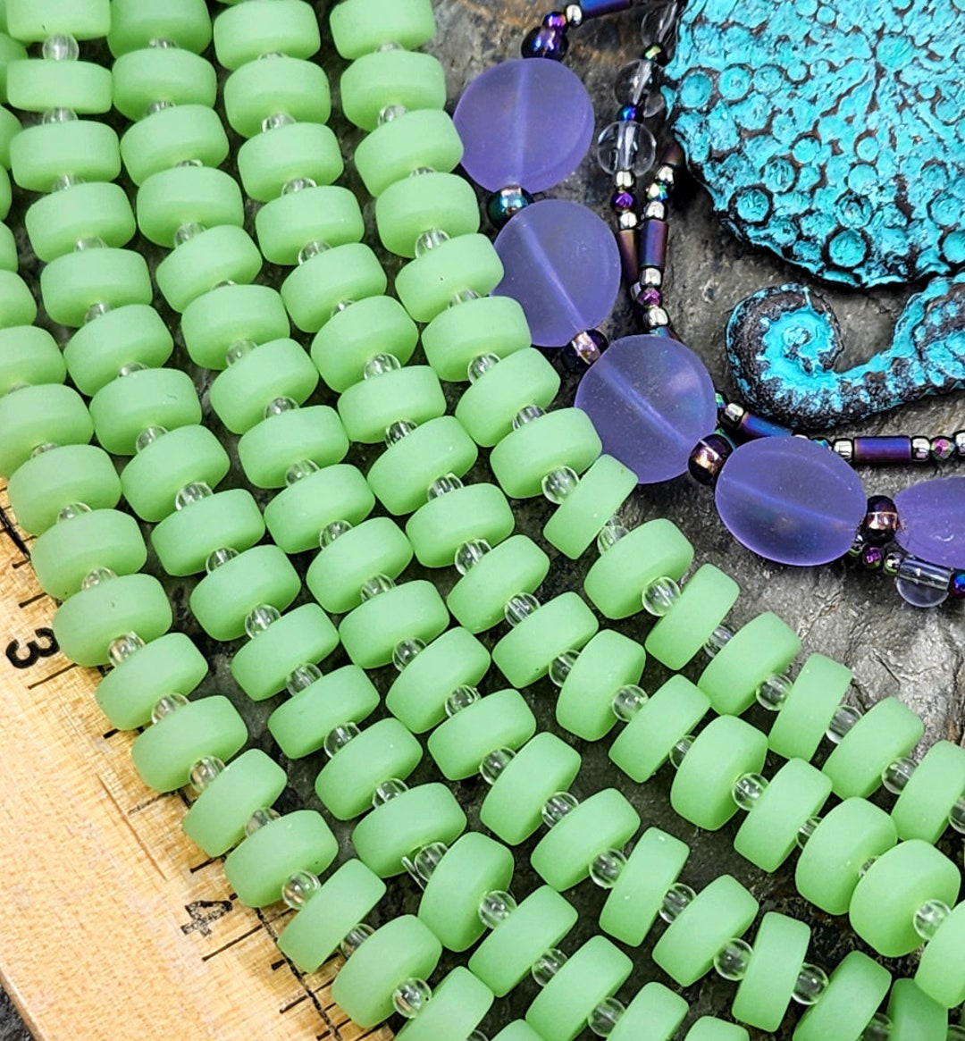 SEAFOAM GREEN, Opaque, Button, Flat, Heishi, Sea Glass, 9x3mm, 8 Inch ...