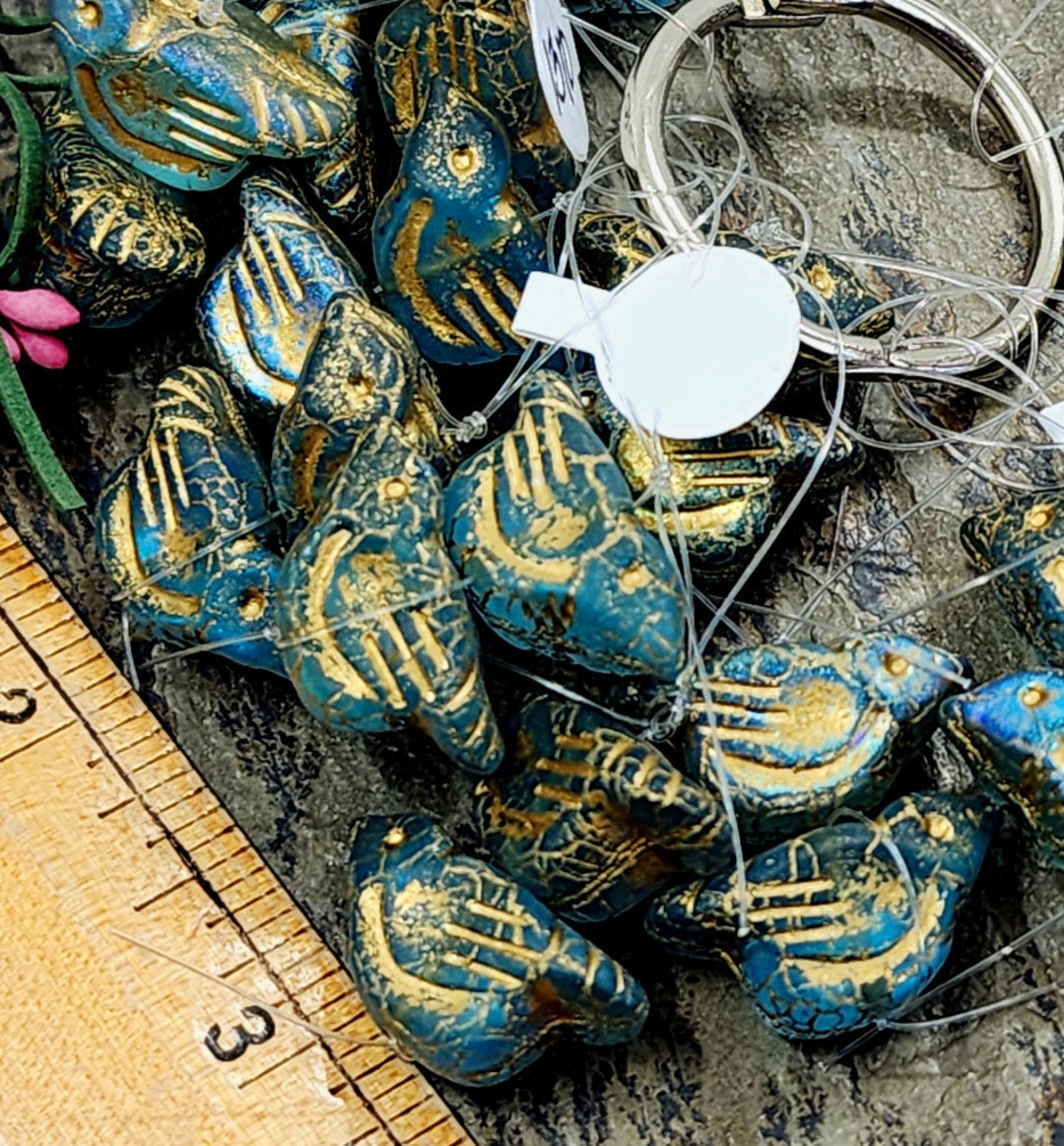 Aqua Blue, Gold Wash, AB, MATTE, Transparent, Bird, 11x22mm, Czech ...