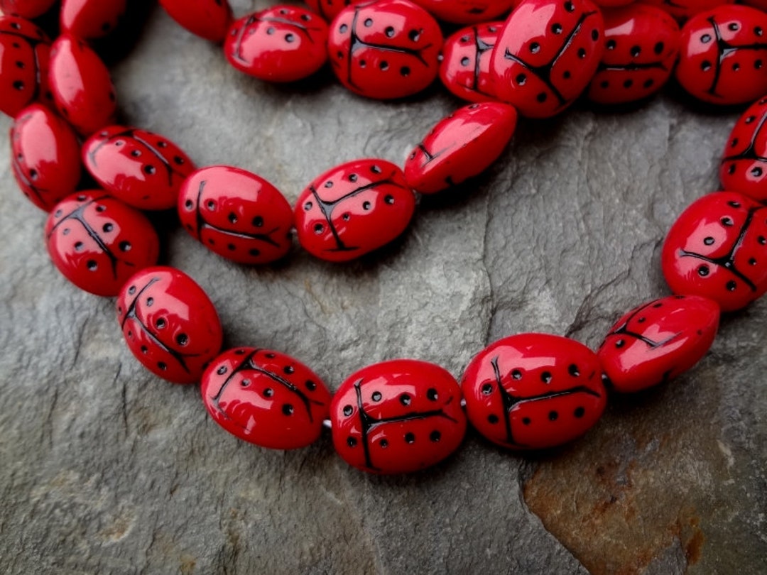 Ladybug, Czech Glass, Opaque, Cherry Red, Black Lined, 11x13mm, 4 ...