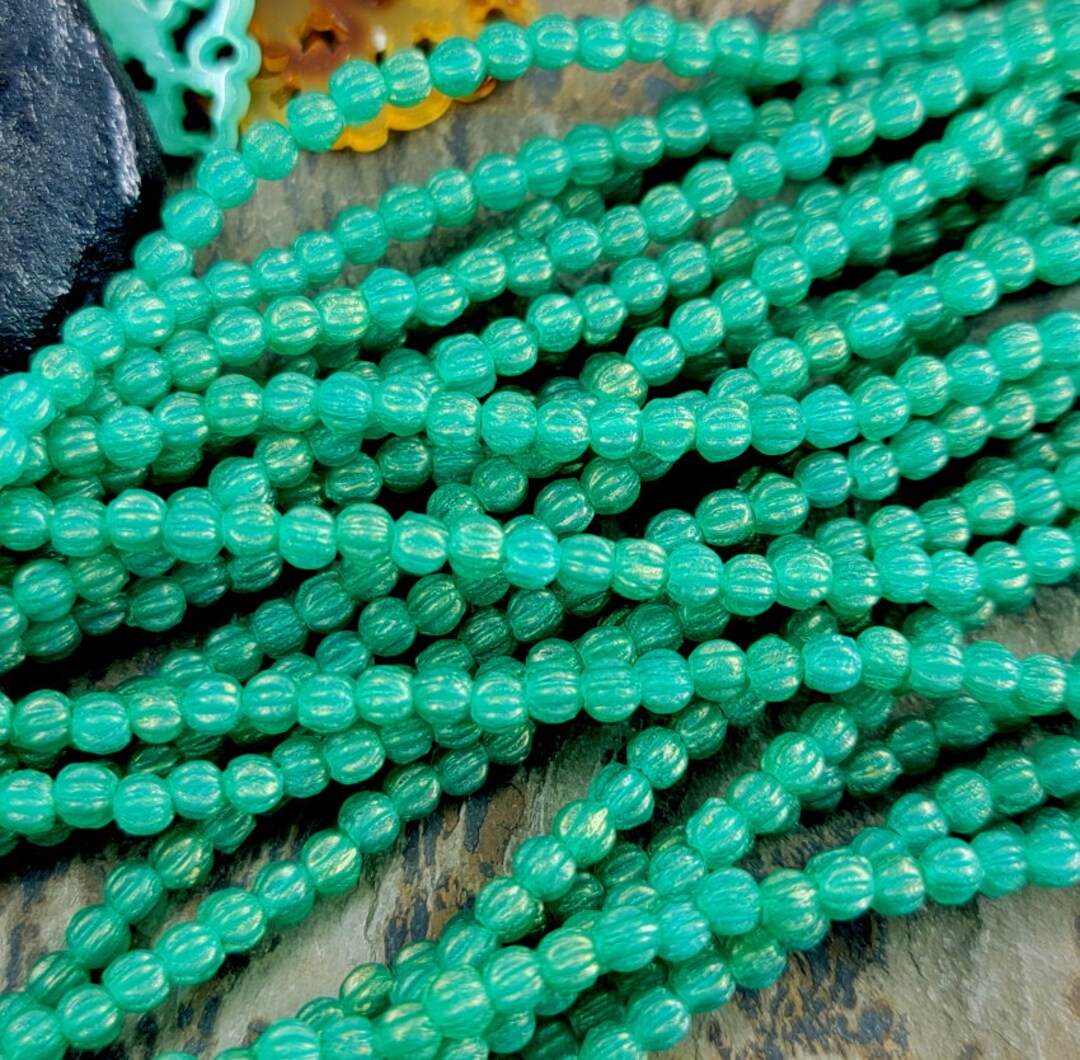 Atlantis Green, Sueded Gold, 3mm, Melon, Czech Glass, 50 Beads per ...