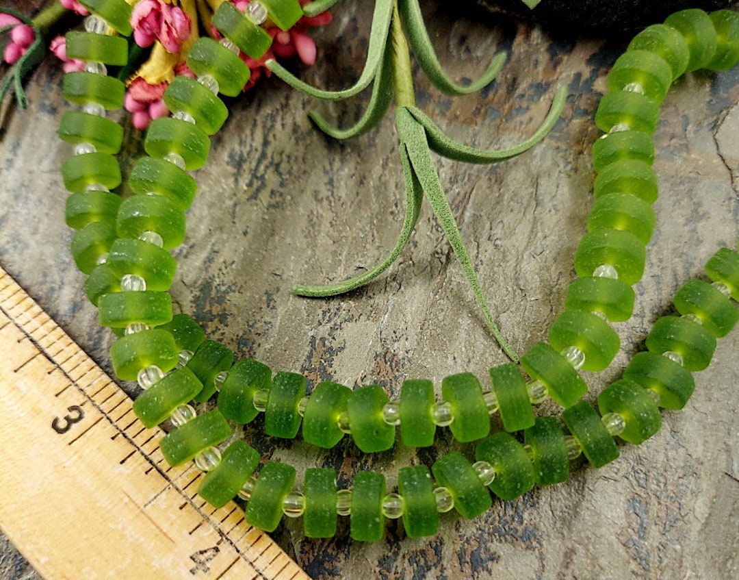 OLIVINE, Transparent, Button, Flat, Heishi, Sea Glass, 9x3mm, 8 Inch ...