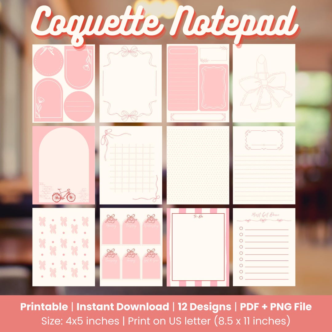 Coquette Notepad: Pink Preppy Memo Sheets (PDF Printable Download, 4x5 ...