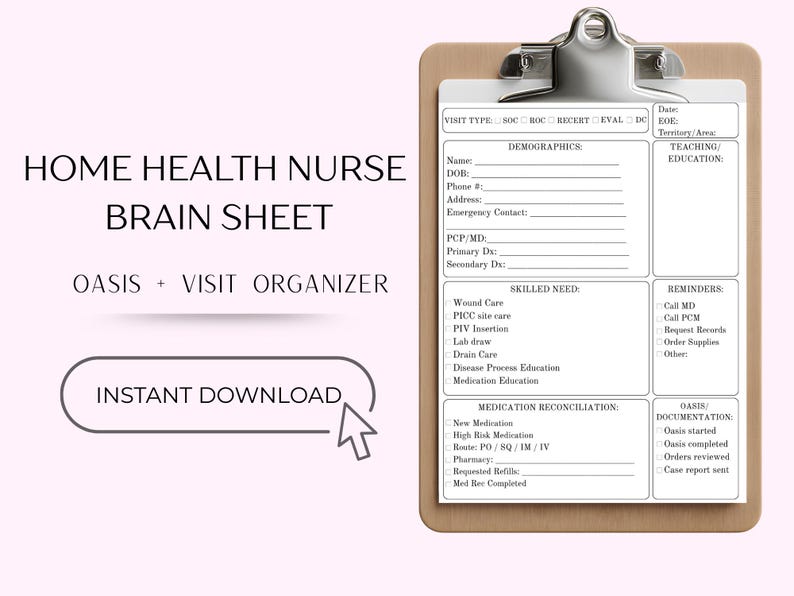 Home Health Nurse Brain Sheet | OASIS Visit Organizer | SOC, Recert ...