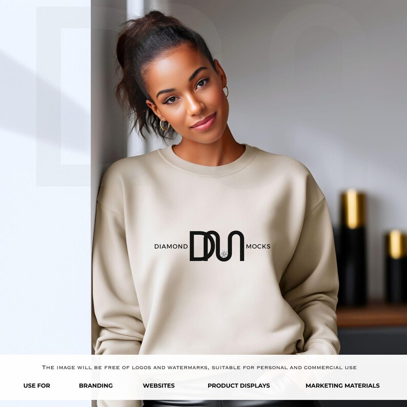 Gildan 18000 Sand Sweatshirt Mockup: Female Model, Minimalist Style ...