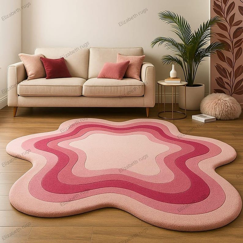 Pink Wavy Blob Rug – Retro Ripple Freeform Carpet for Living Room ...