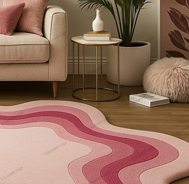 Pink Wavy Blob Rug – Retro Ripple Freeform Carpet for Living Room ...