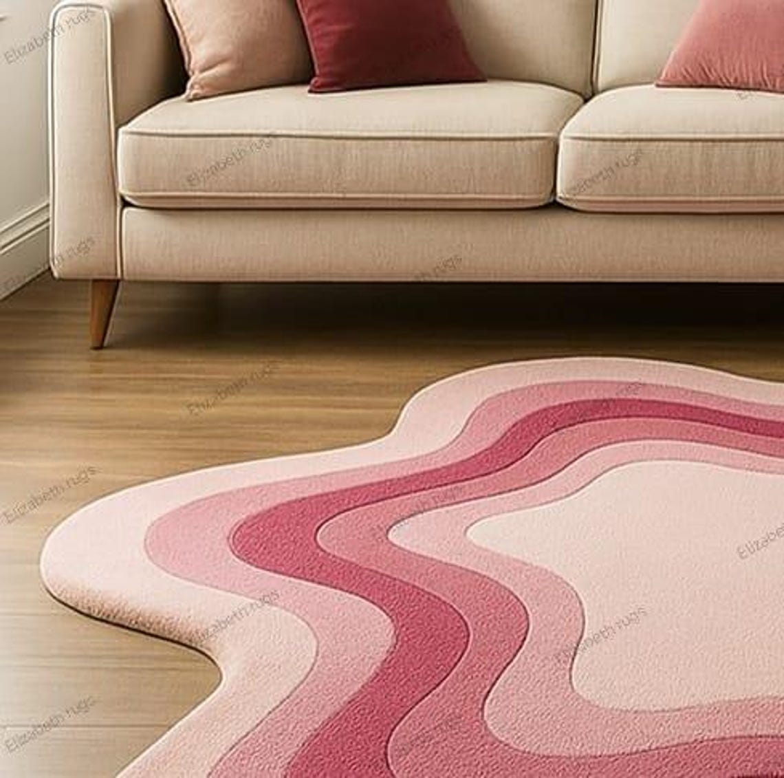Pink Wavy Blob Rug – Retro Ripple Freeform Carpet for Living Room ...