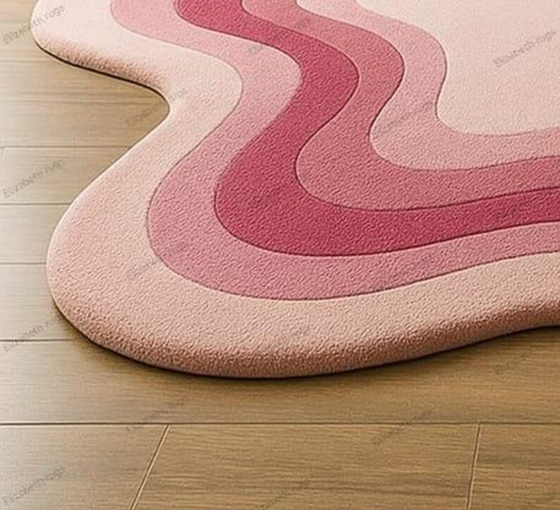 Pink Wavy Blob Rug – Retro Ripple Freeform Carpet for Living Room ...