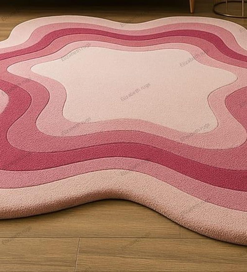 Pink Wavy Blob Rug – Retro Ripple Freeform Carpet for Living Room ...