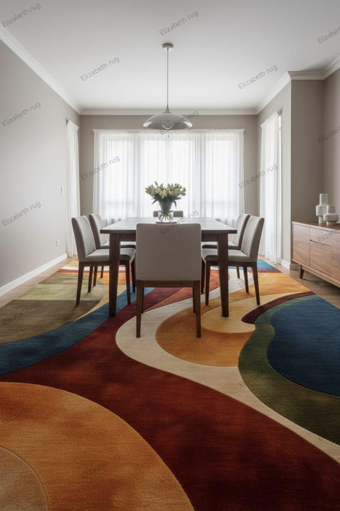 Mid Century Modern Abstract Area Rug – Colorful Wave Pattern Carpet in ...