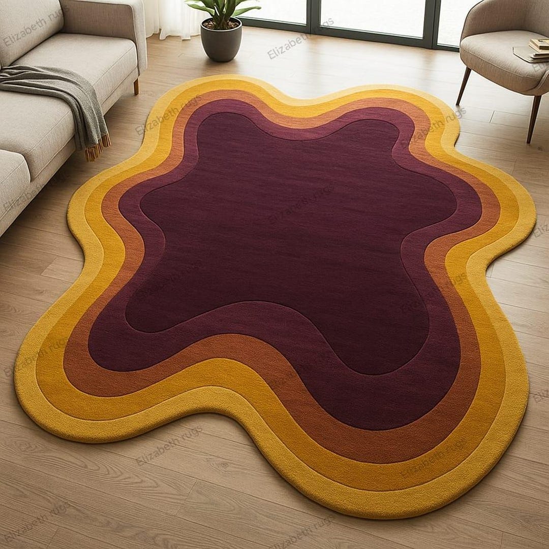 Retro Wave Blob Rug – Mustard Yellow & Maroon Freeform Carpet, 70s ...