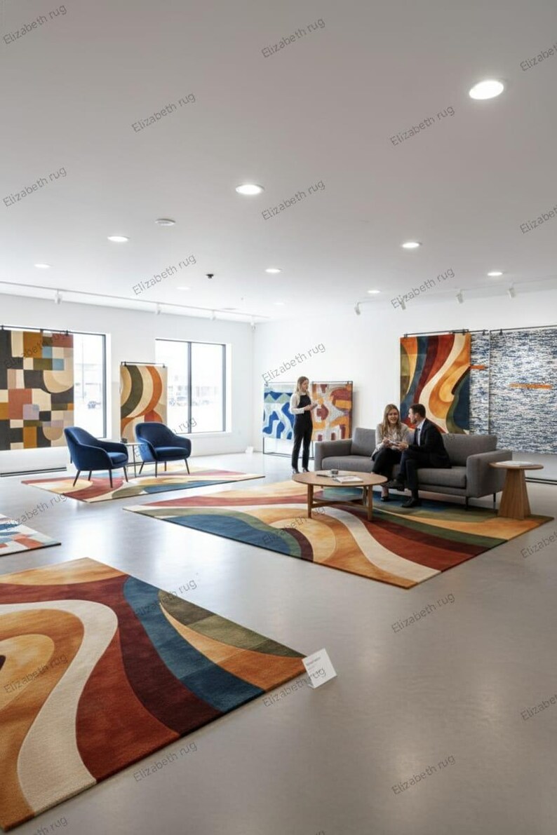 Mid Century Modern Abstract Area Rug – Colorful Wave Pattern Carpet in ...