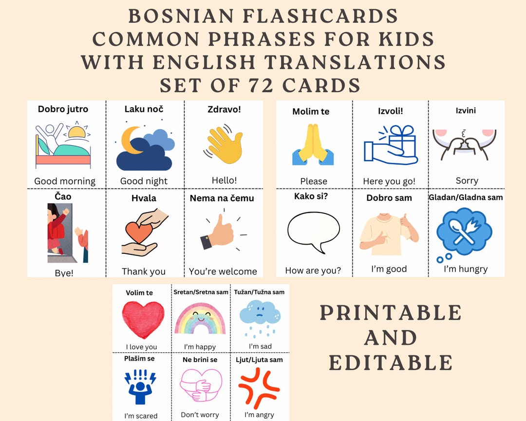 Bosnian Flashcards for Kids | 72 Printable Language Learning Cards ...
