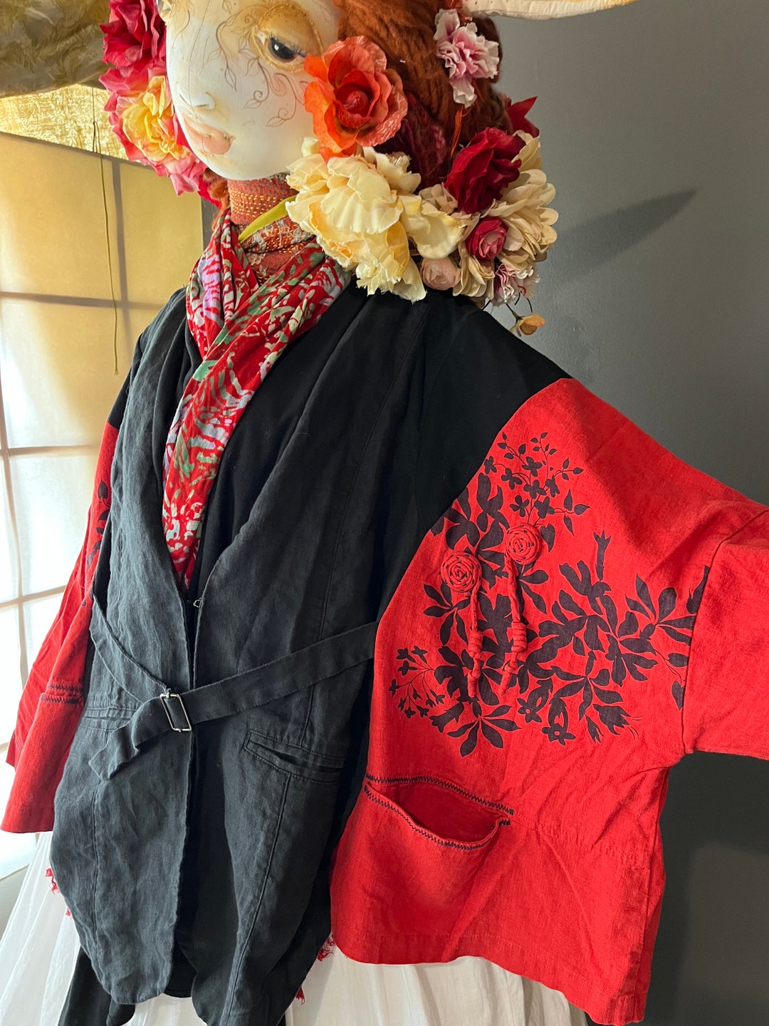 O/S Scarf Collar Linen Jacket-black Red Cropped Kimono-oversized Linen ...