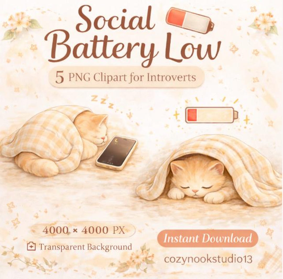 Social Battery Low Cat Clipart Set, Cozy Mental Health PNG for ...