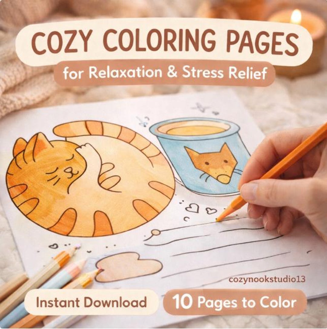 10 Cozy Coloring Pages for Adults – Cute Relaxing Coloring Book, Stress ...