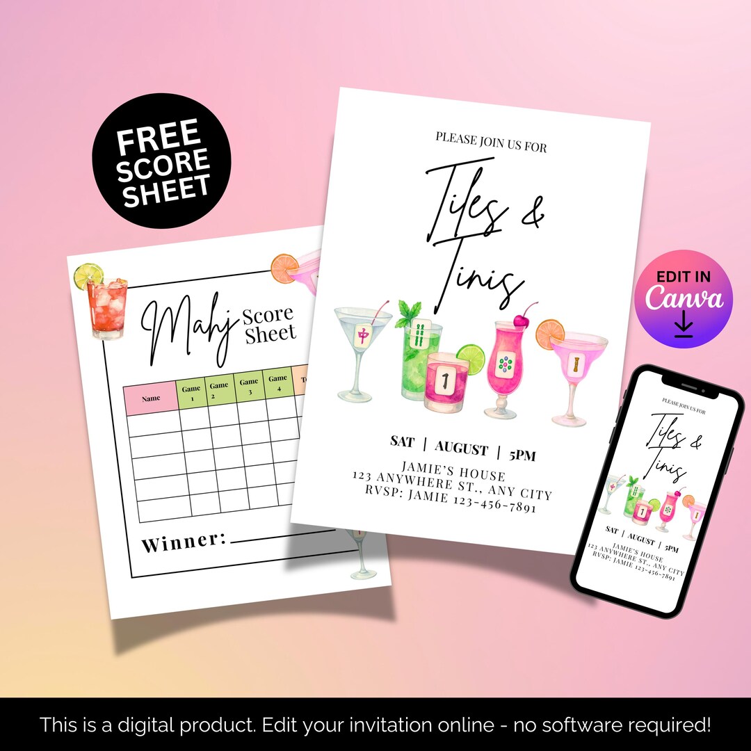 Mahjong Party Digital Invitation and Scorecard Set Mah Jongg Editable ...