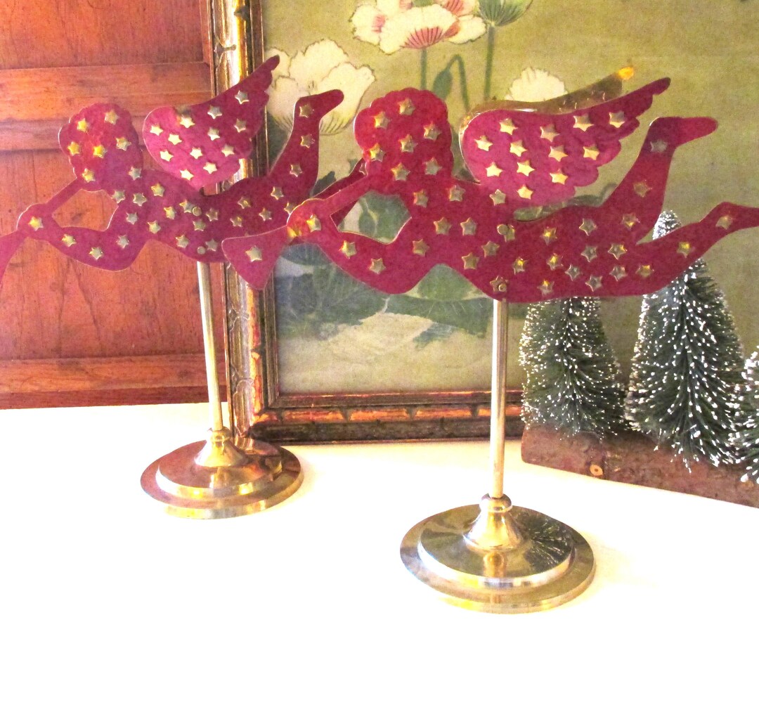 Two Vintage Angel Brass and Red Enamel Candlesticks, Pair of Christmas ...