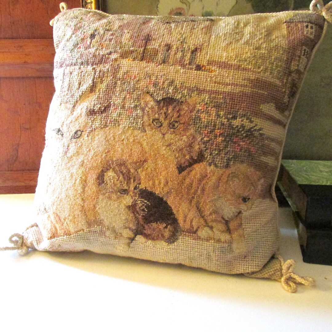 Vintage Needlepoint Pillow, Cats and Kittens Throw Pillow, Gift for Cat ...