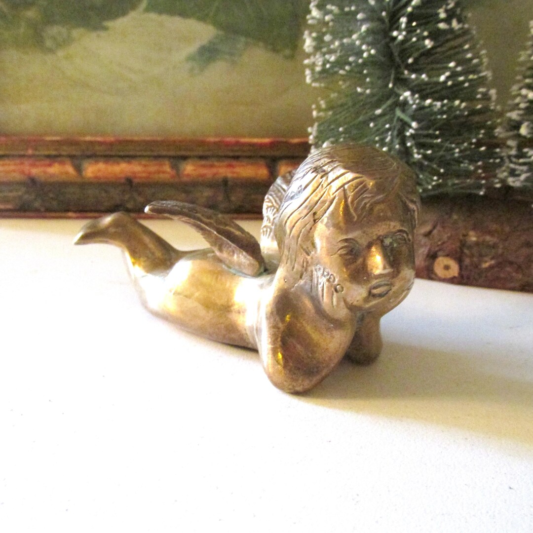 Vintage Brass Cherub Paperweight, Shelf Sitter, Brass Angel, Bookcase ...