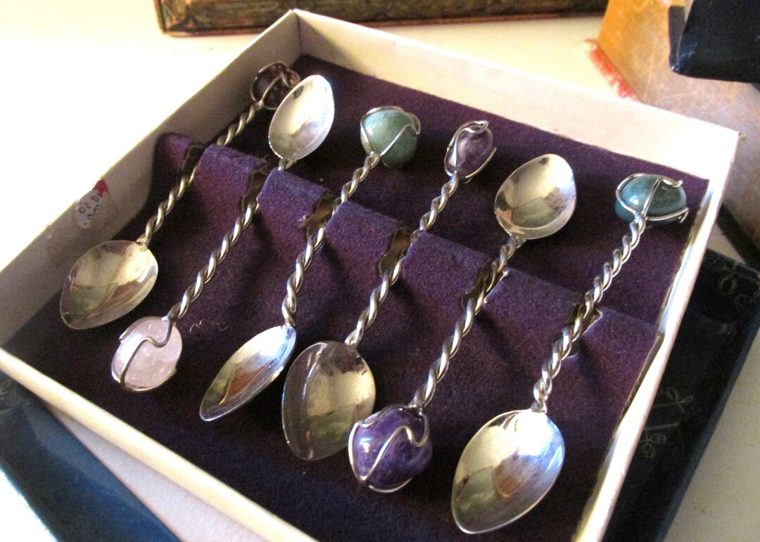 Six Vintage Espresso Spoons, Twisted Design With Natural Stone ...