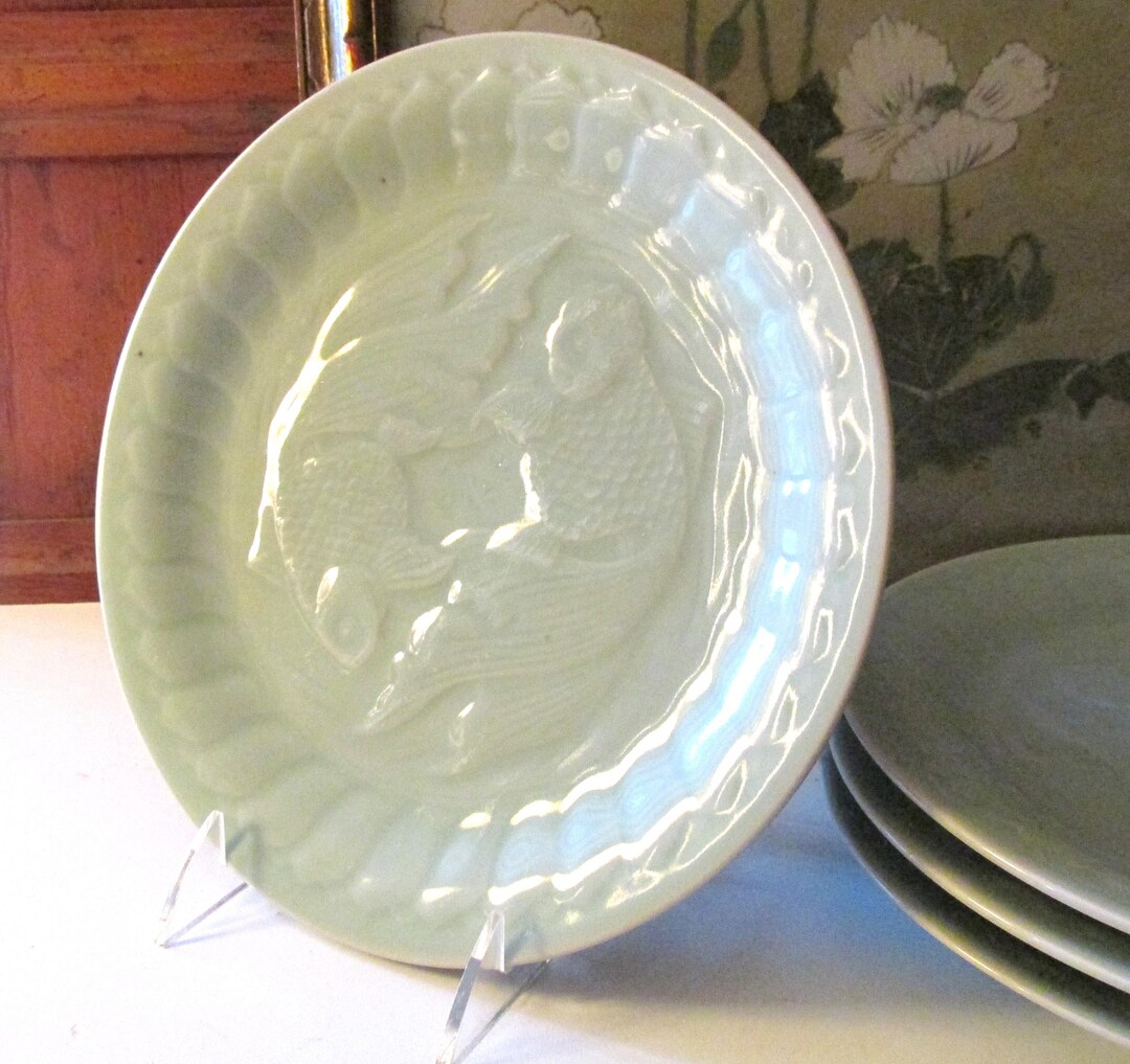 Vintage Set of Four Koi Celadon Dinner Plates, Oriental Hallmark ...