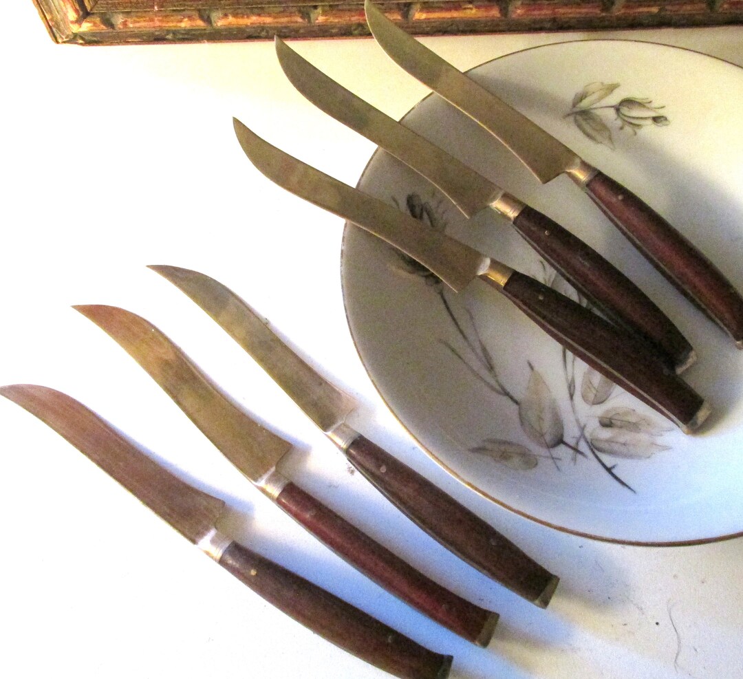 Vintage Set of Six Teak and Brass Cheese Knives, Fruit Knives, Boho ...