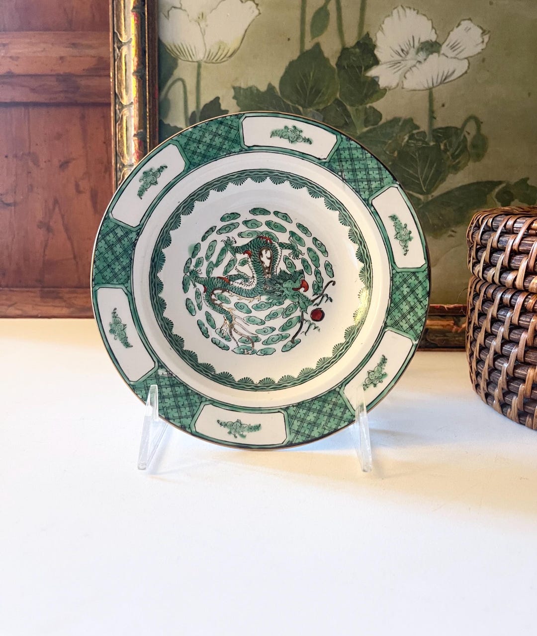 Vintage Decorative Dish Five Toe Dragon, Green Chinese Gilded Dragon ...