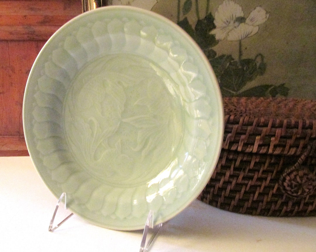 Oriental Celadon Koi Fish Plate, Chinoiserie Decor, Celadon Green Glaze ...