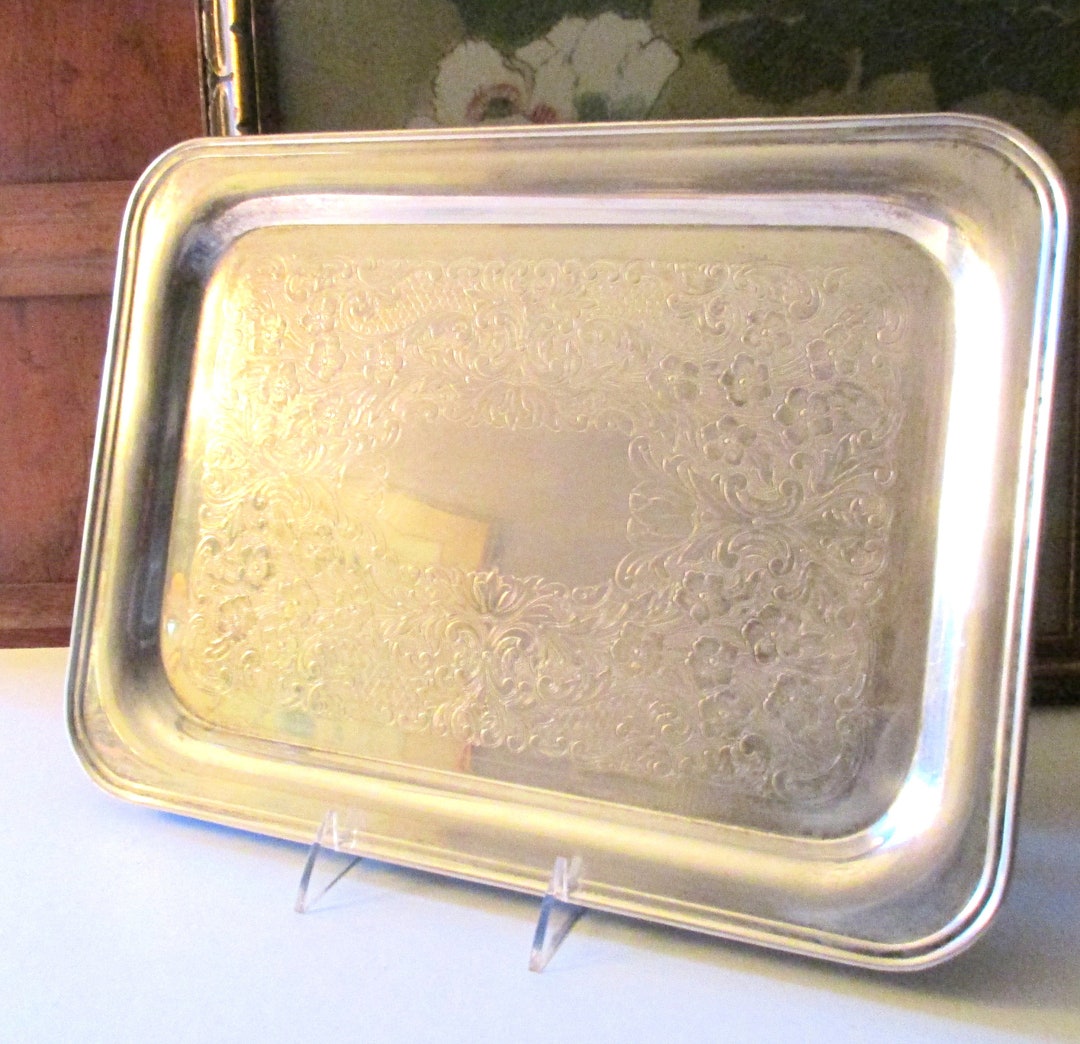 Vintage Silver Plated Tray, Etched Design, Silver on Copper, Serving ...