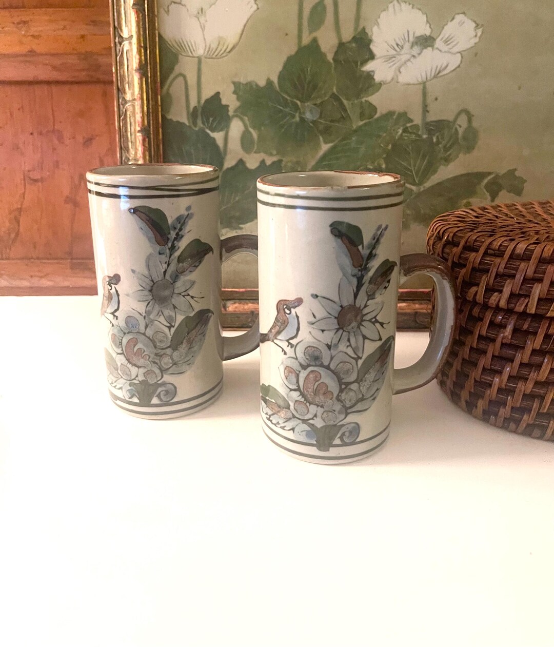 Vintage Ken Edwards Style Mugs, Hand-painted Floral Bird Design - Etsy